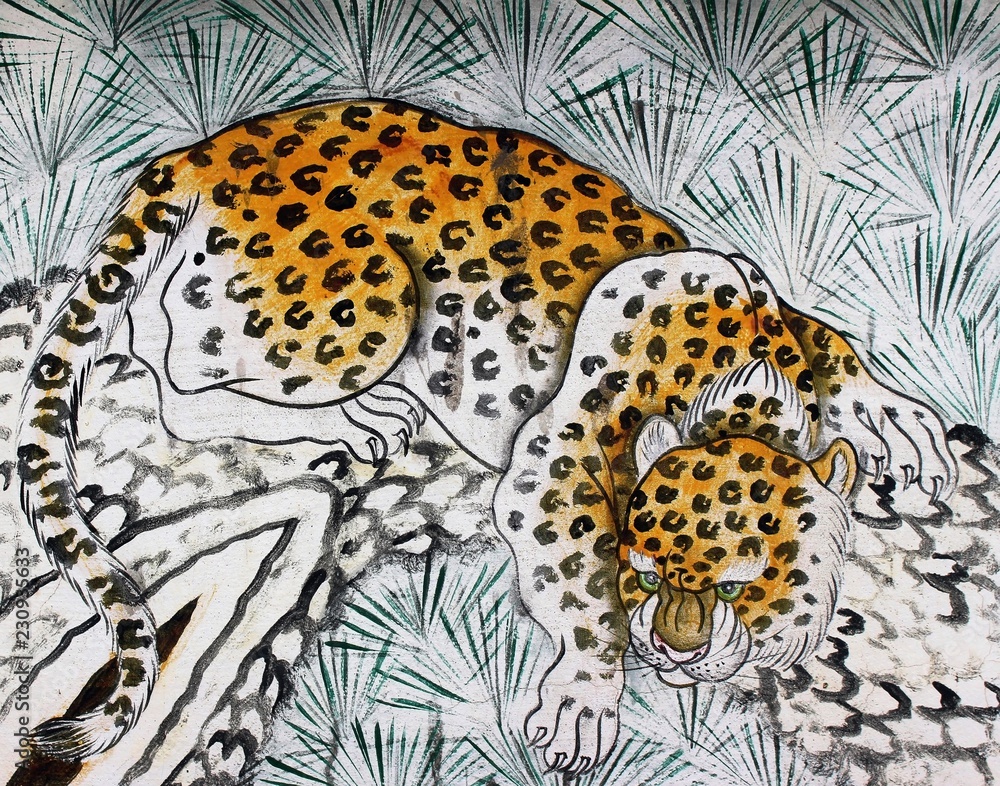 Detail from a painting of a prowling leopard on an ancient temple wall ...