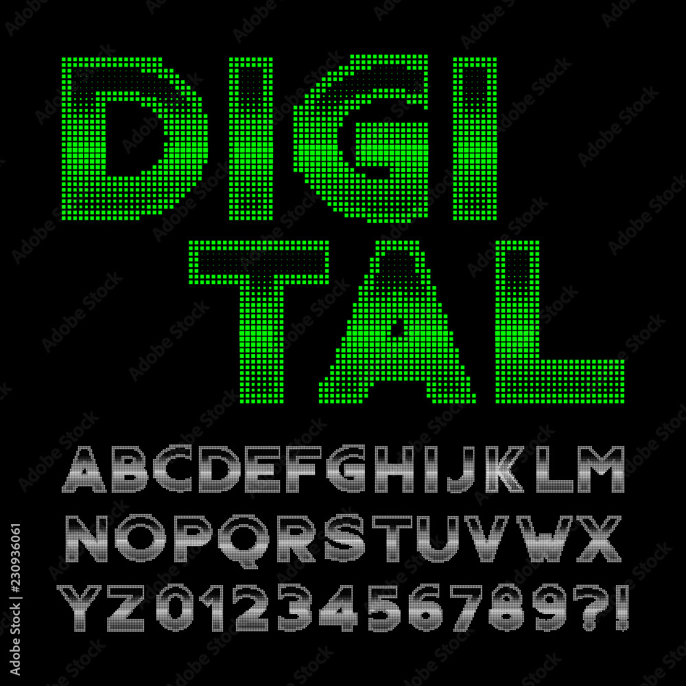 Digital alphabet font. 80s retro display pixel letters and numbers ...