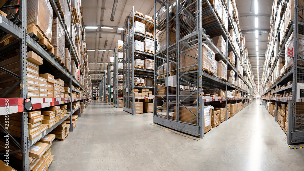 Panorama huge distribution warehouse with high shelves Stock Photo ...