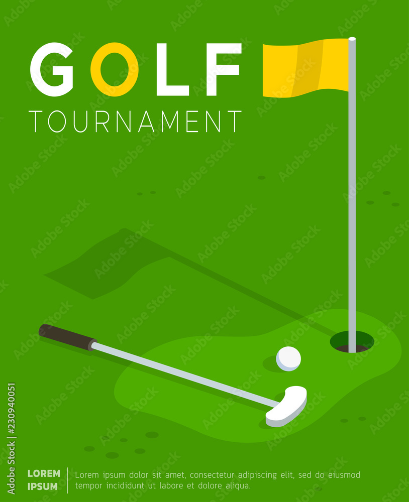 Golf tournament flat vector promo poster or invitation flyer template ...