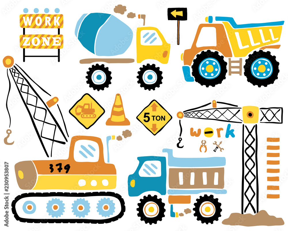Vector set of construction vehicles cartoon illustration. Stock Vector ...