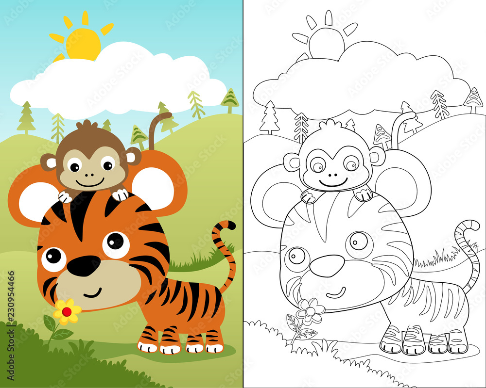 coloring book with cute animals on landscape background Stock Vector ...