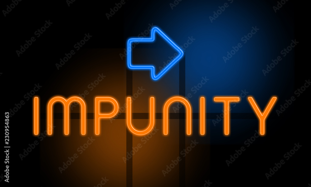 Impunity - orange glowing text with an arrow on dark background Stock ...