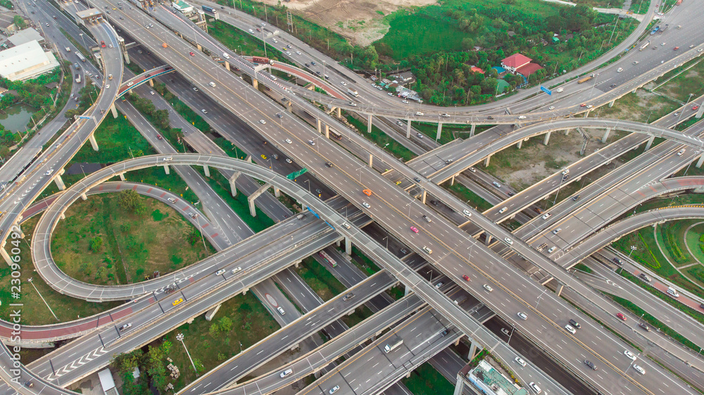 Top view over the highway, expressway and motorway at evening Aerial ...