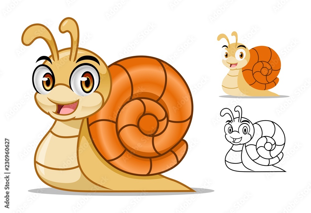 Snail cartoon character mascot design, including flat and line art ...