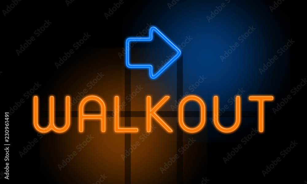 Walkout - orange glowing text with an arrow on dark background Stock ...