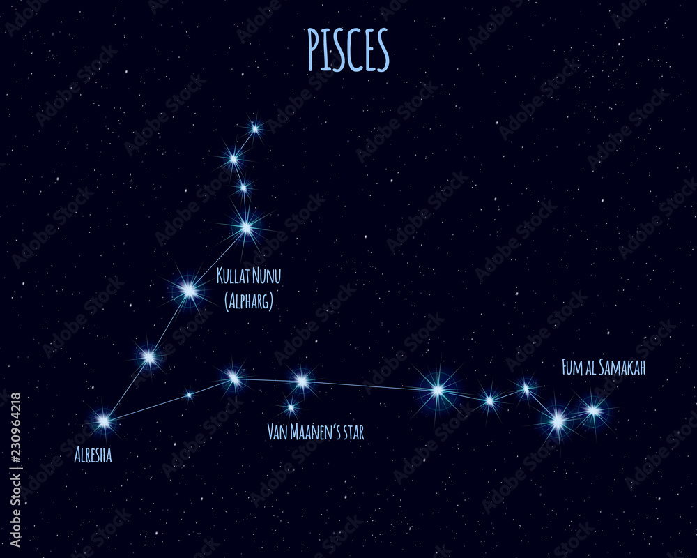 Pisces (Fishes) constellation, vector illustration with the names of ...