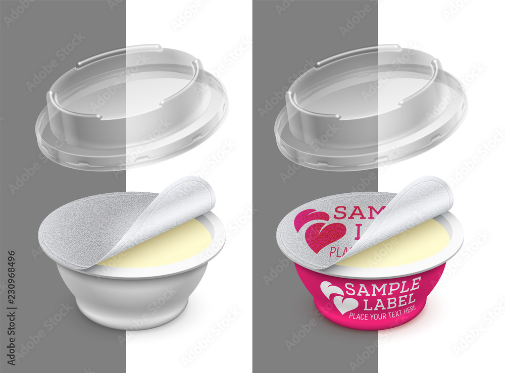 Vector labeled open round plastic container with foil and transparent ...