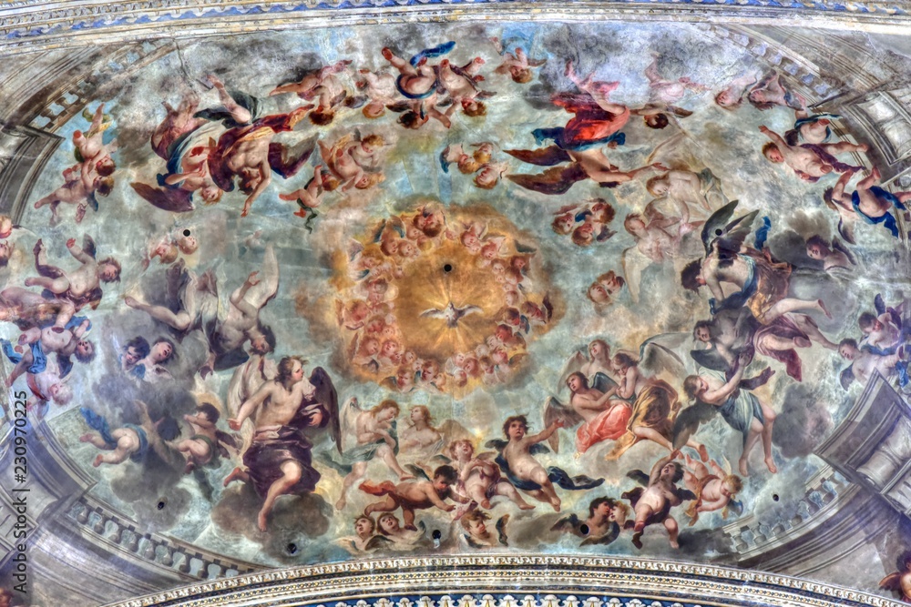 Sevillle - ceiling baroque fresco of angels in heaven in presbytery of ...