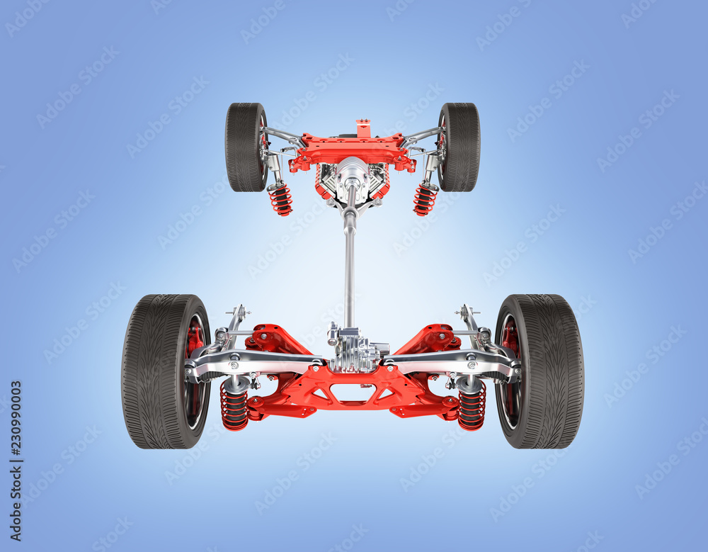 Suspension of the car with wheel and engine Undercarriage in detail ...