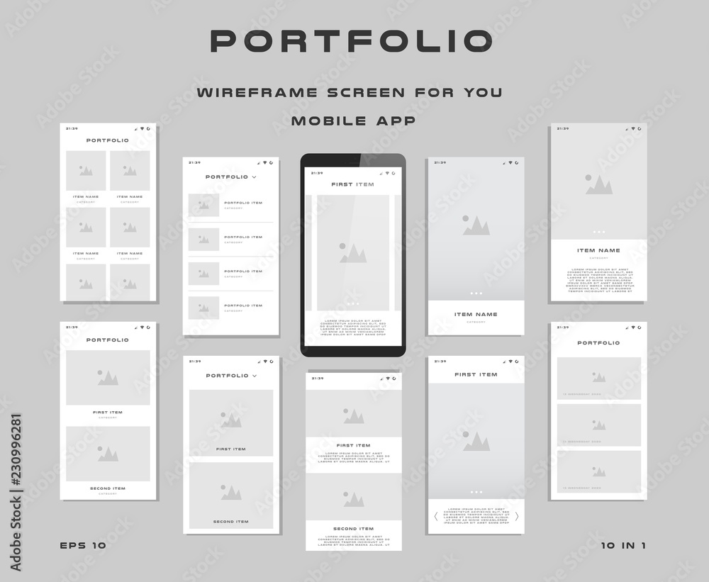 10 in 1 UI kits. Wireframes screens for your mobile app. GUI template ...