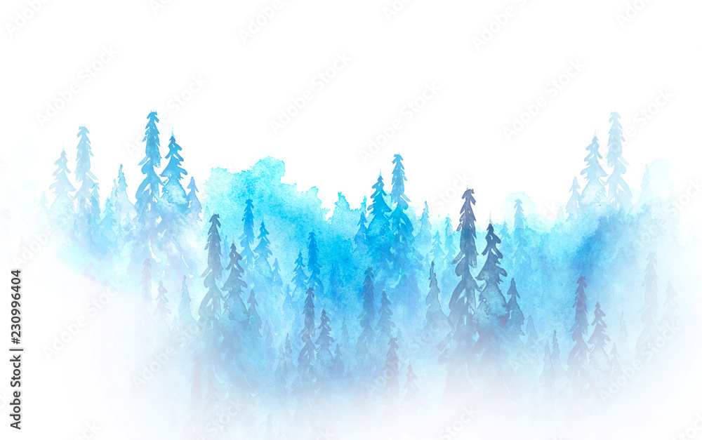 Watercolor art illustration. Drawing of the blue forest, pine tree ...