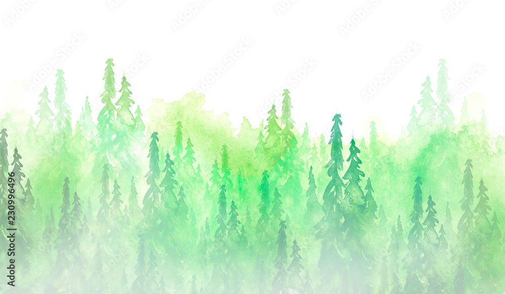 Watercolor group of trees - fir, pine, cedar, fir-tree. green forest ...