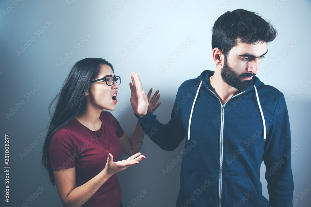 angry woman with man hand stop sign Stock Photo | Adobe Stock