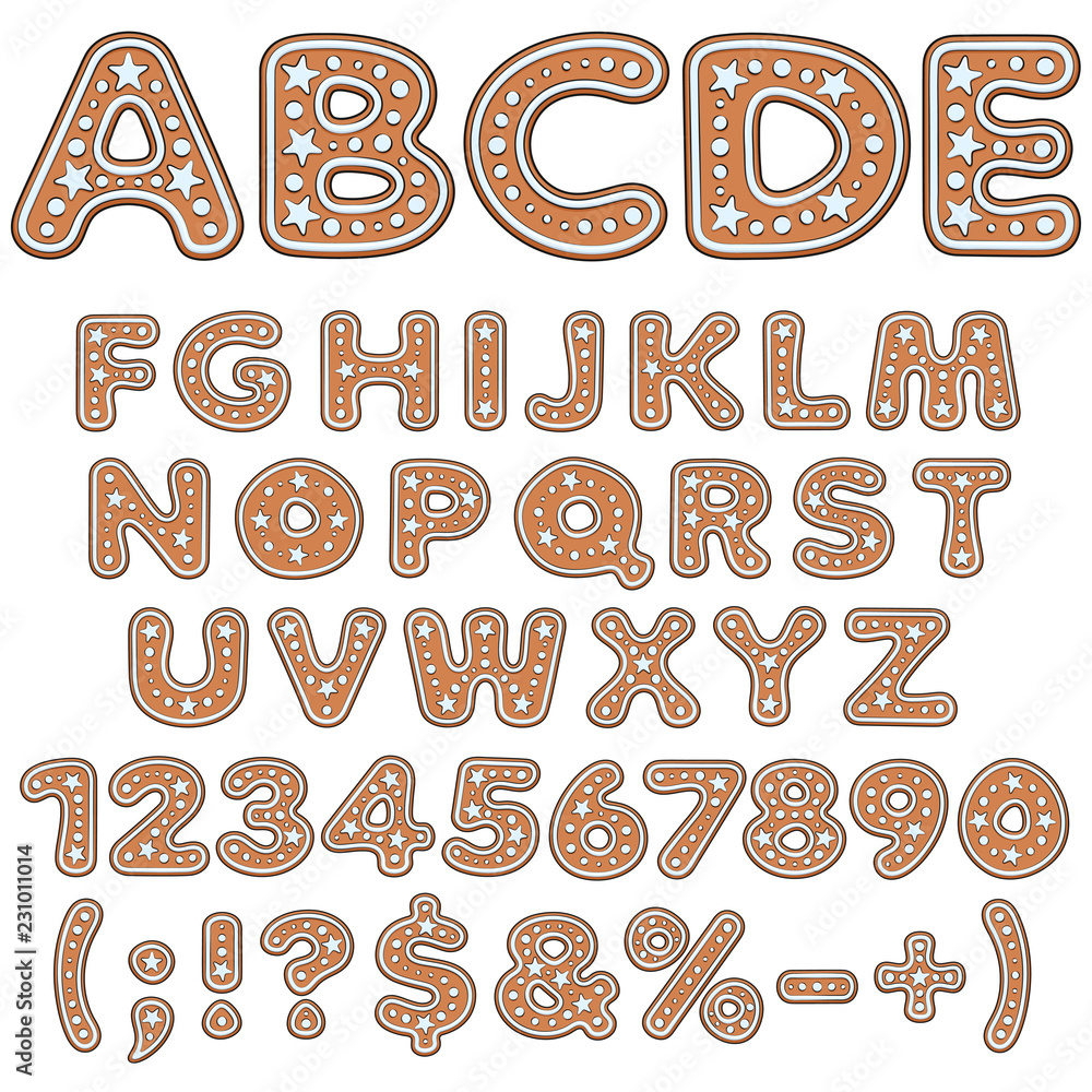 Alphabet, letters, numbers and signs of gingerbread. Isolated colored ...