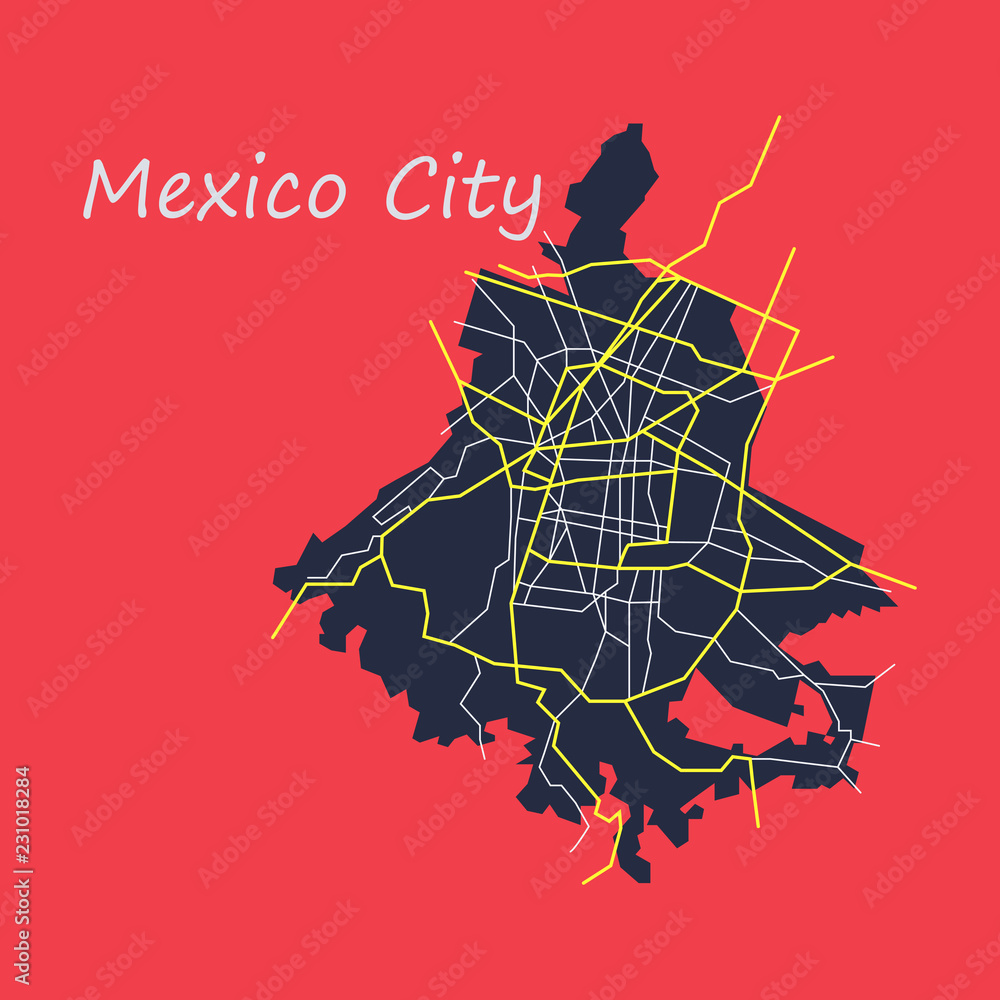 Flat color map of Mexico City, Mexico. City Plan of Mexico City. Vector ...
