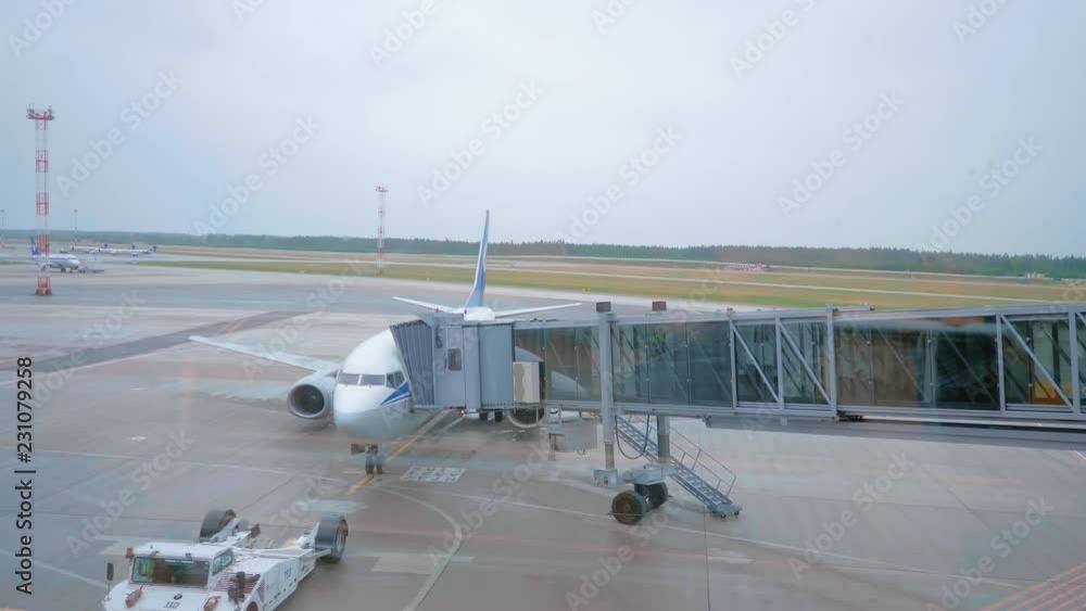 Detaching of the air bridge from the airplane before flying. vídeo de ...