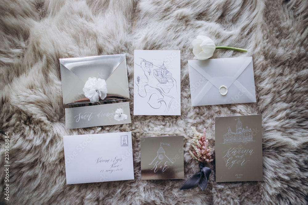 collection of envelopes or invitations isolated on white, wedding ...