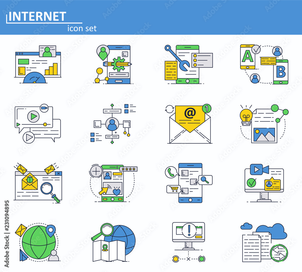 Vector set of Internet online services icons in thin line style. Cyber ...