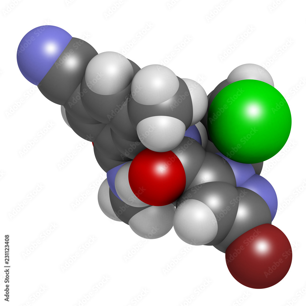 Cyantraniliprole insecticide molecule (ryanoid class). 3D rendering ...