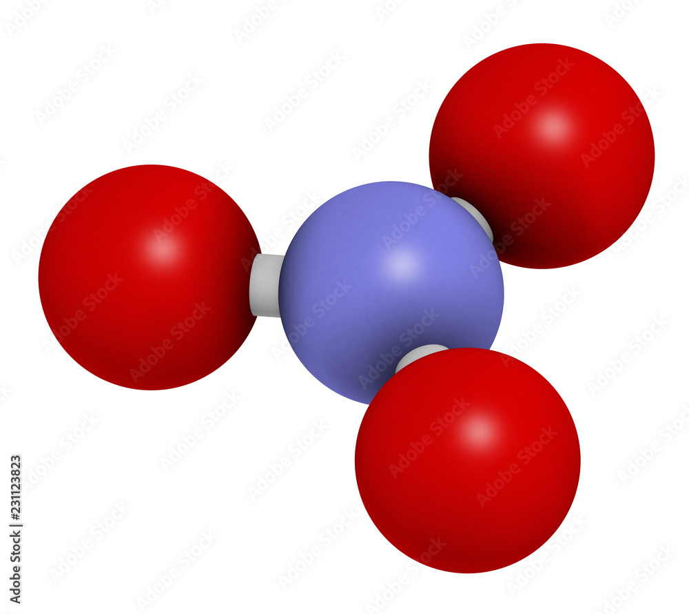Nitrate anion, chemical structure. 3D rendering. Atoms are represented ...