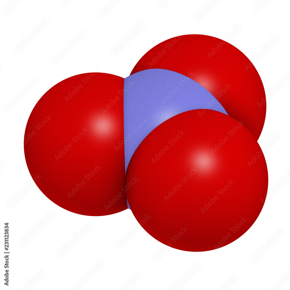 Nitrate anion, chemical structure. 3D rendering. Atoms are represented ...