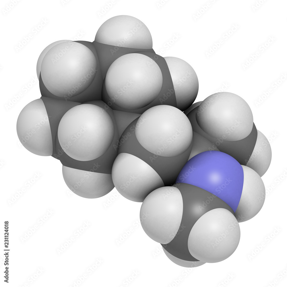 Propylhexedrine molecule. Used as nasal decongestant and stimulant. 3D ...