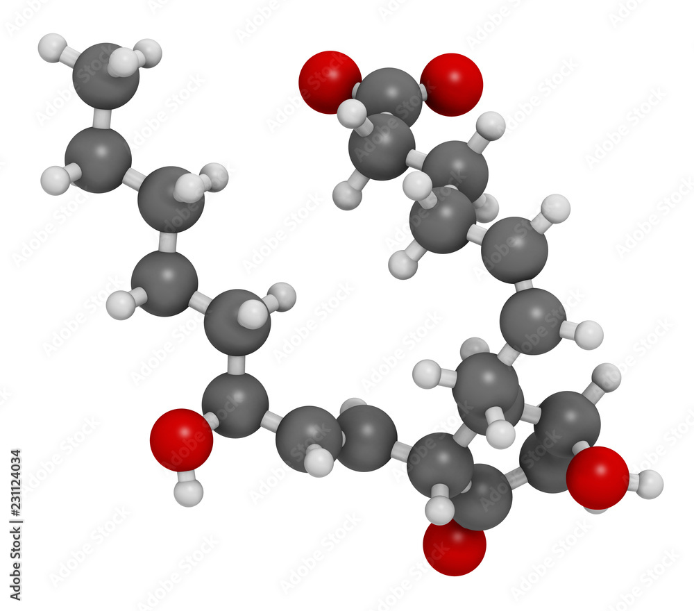Prostaglandin D2 (PGD2) molecule. 3D rendering. Atoms are represented ...