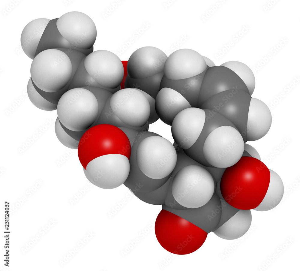 Prostaglandin D2 (PGD2) molecule. 3D rendering. Atoms are represented ...