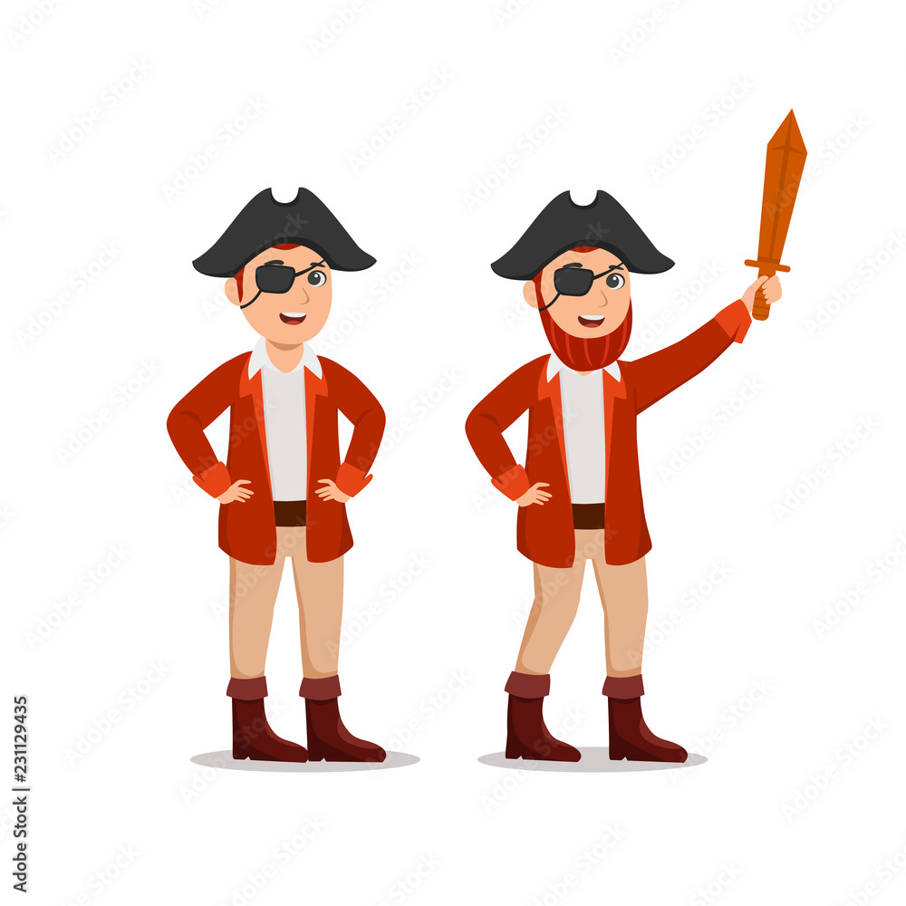 Cute Boy Dressing Captain Pirates Costume With Eye-patch and Wood Sword ...