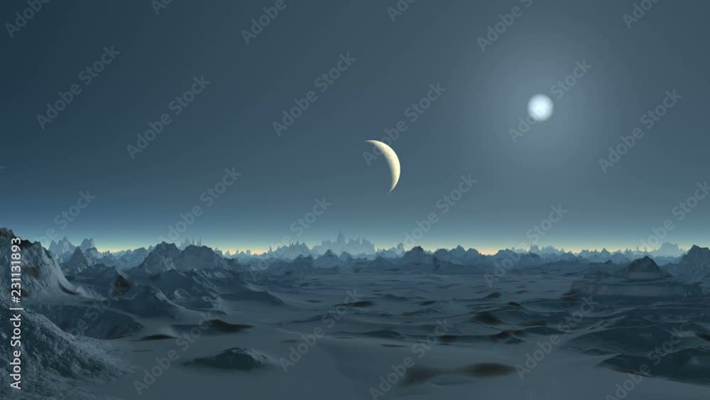 Moonset on Alien Planet. The bright sun in the dark sky illuminates the ...