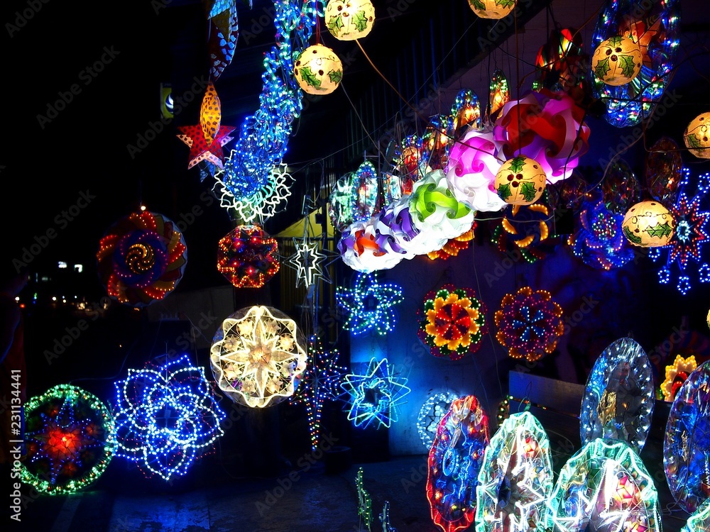 Colorful Christmas lanterns on display at a store Stock Photo | Adobe Stock