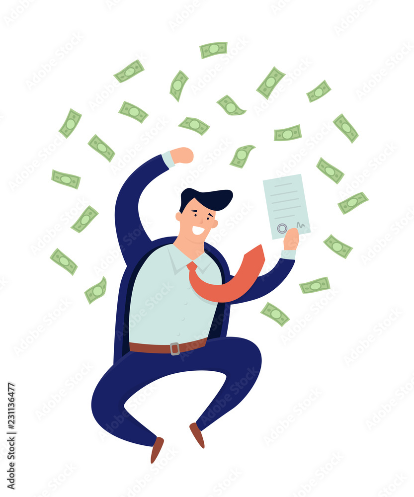 Happy businessman, contract and money rain. Jumping man. Vector ...