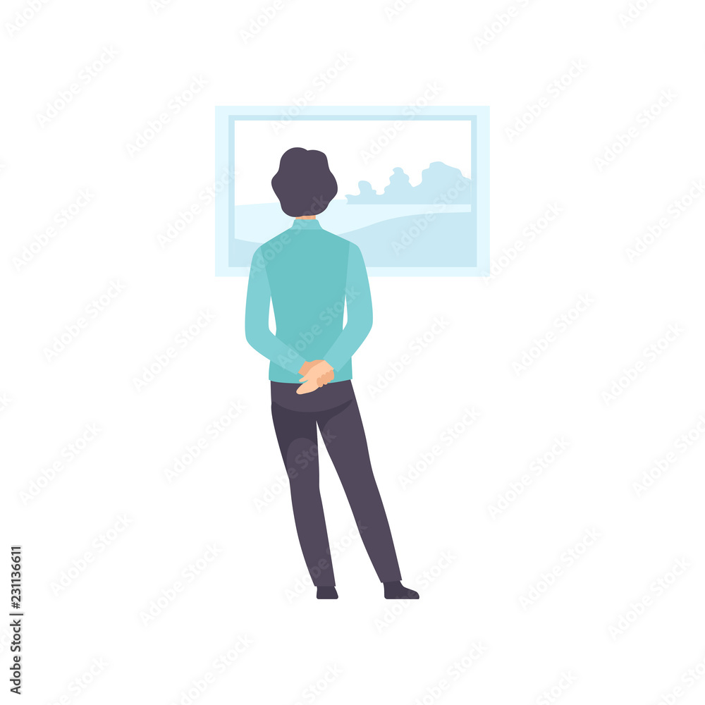 Man looking at the painting hanging on the wall, exhibition visitor ...