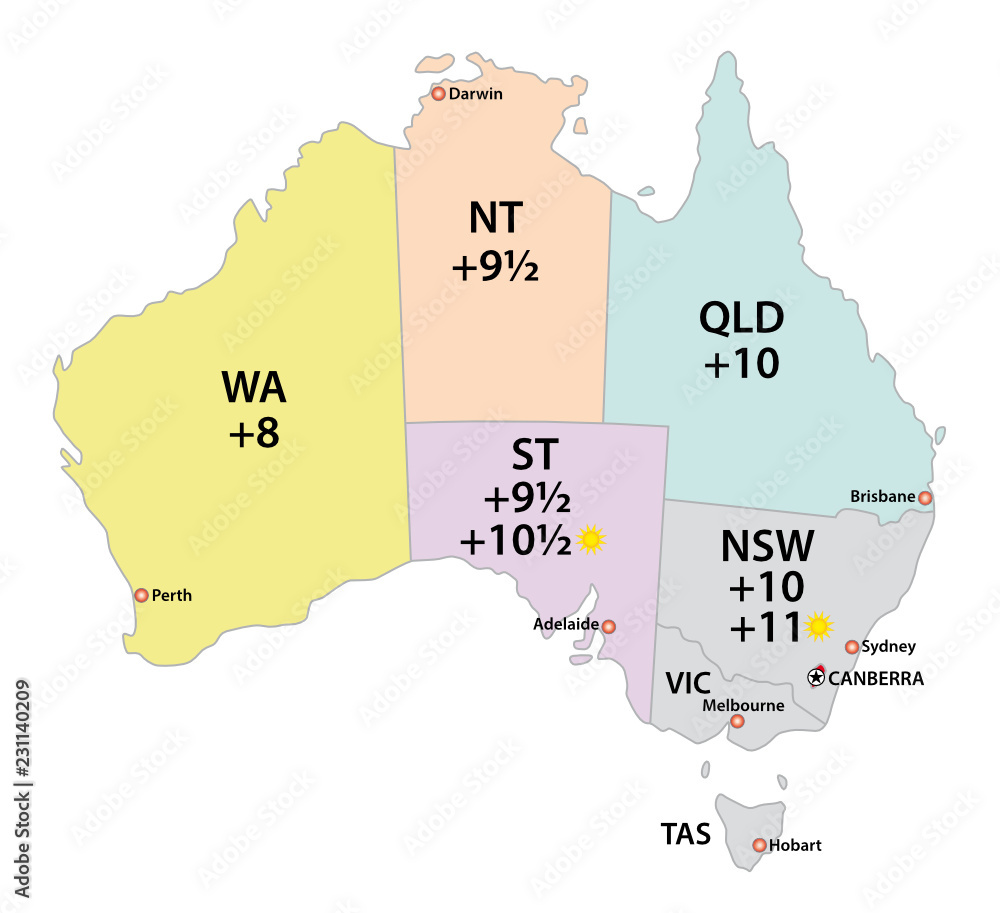 Australia uses three main time zones vector map Stock Vector | Adobe Stock