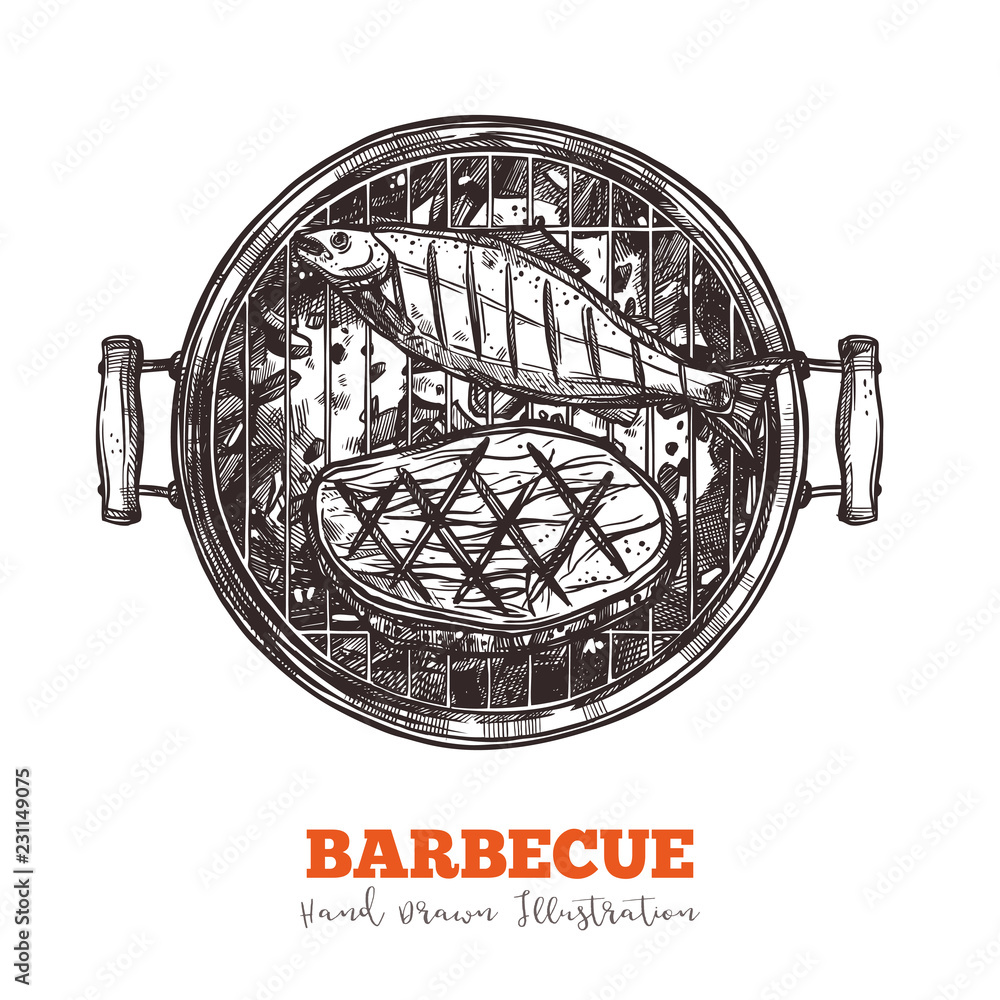 Barbecue tray with fish and beef steak sketch. Whole fish and meat ...