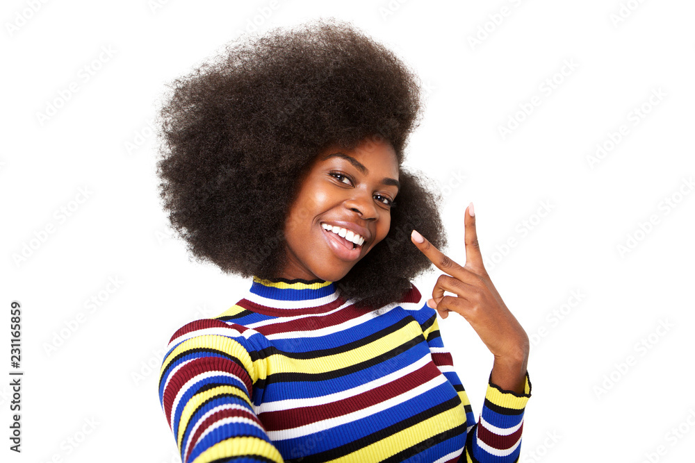 Close Up Happy Young African American Woman Taking Selfie With Peace