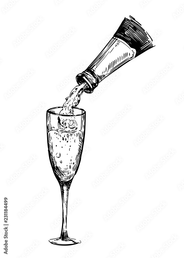 Sketch of champagne bottle. Hand drawn illustration converted to vector ...