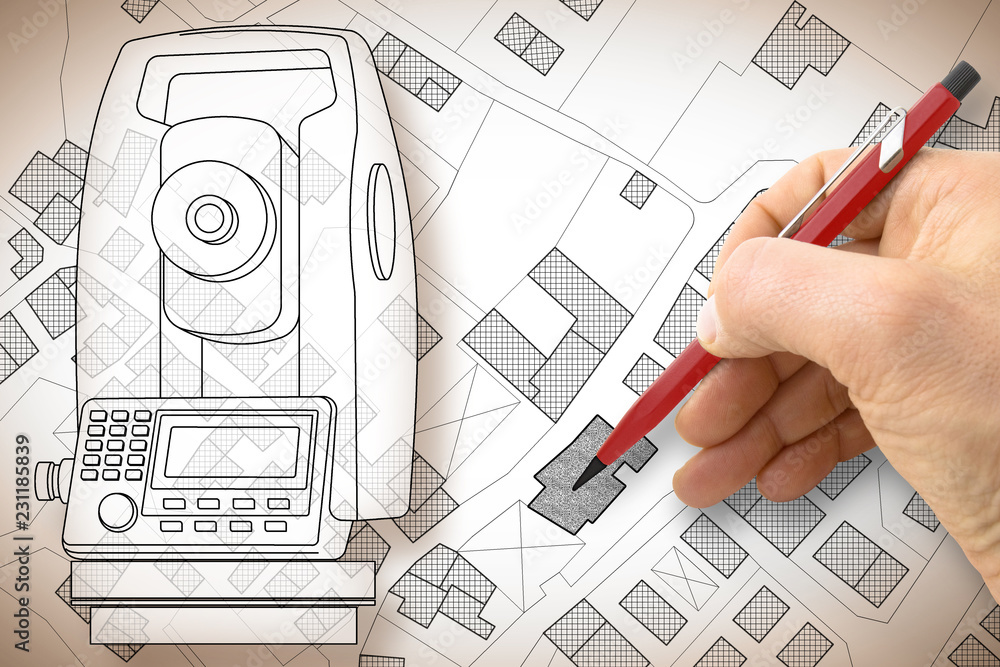 Imaginary cadastral map of territory with buildings, roads, land parcel ...