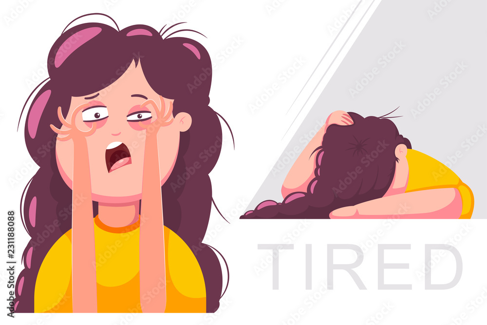 Tired woman character. Vector cartoon girl illustration isolated on a ...