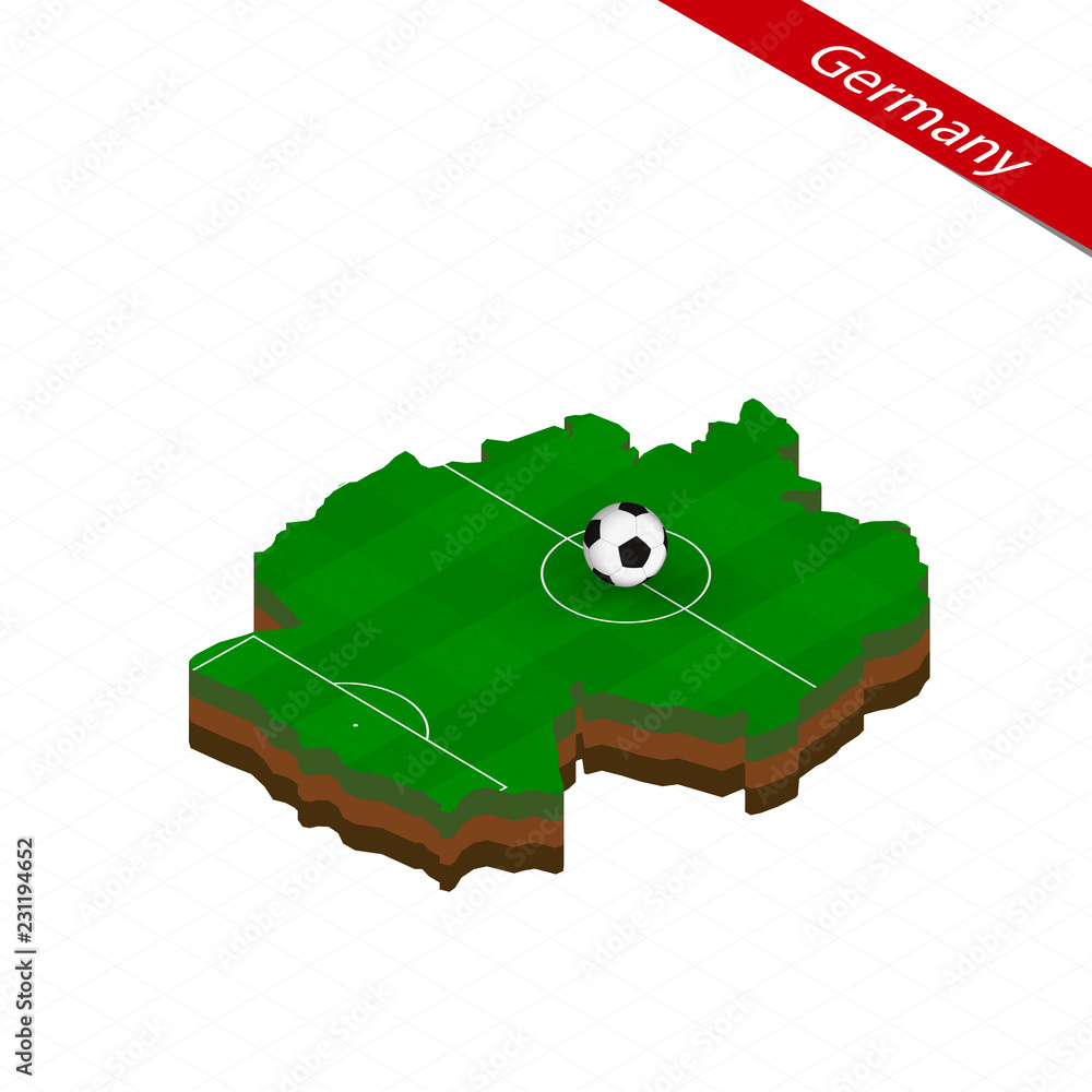 Isometric map of Germany with soccer field. Football ball in center of ...
