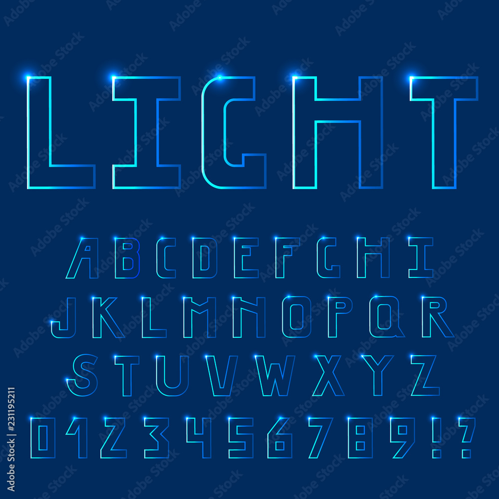 Bright light, neon font. Modern latin alphabet, uppercase letters ...