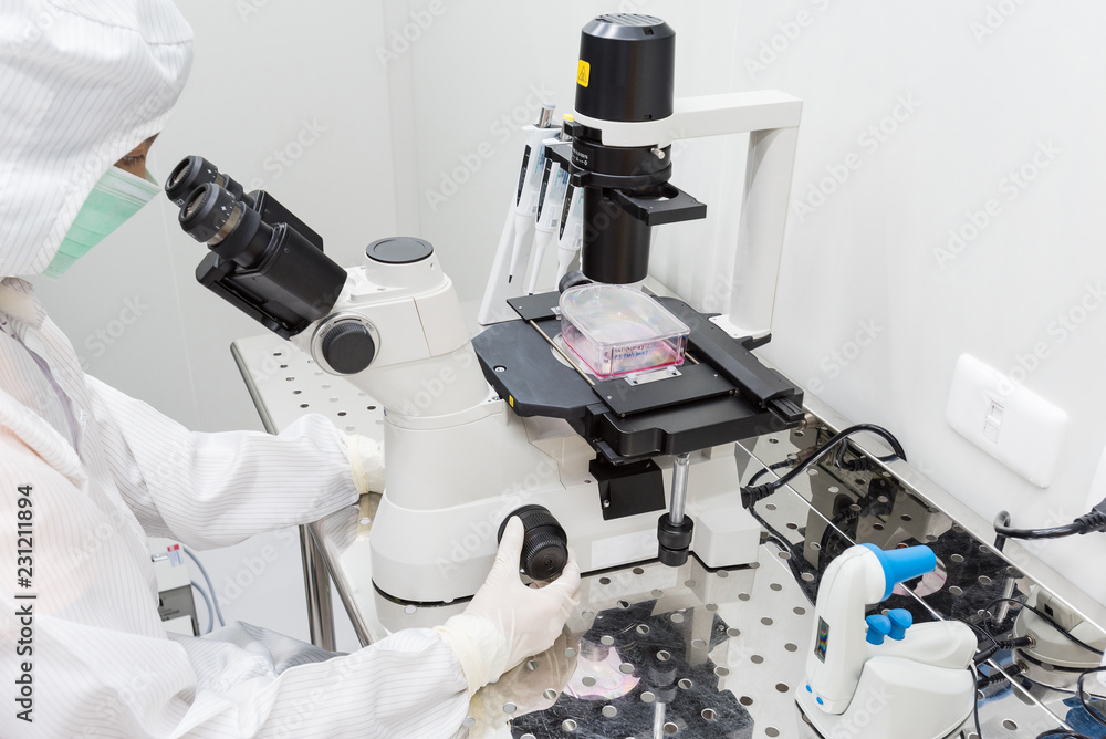 Foto de A scientist in sterile coverall gown looking cell morphology of ...