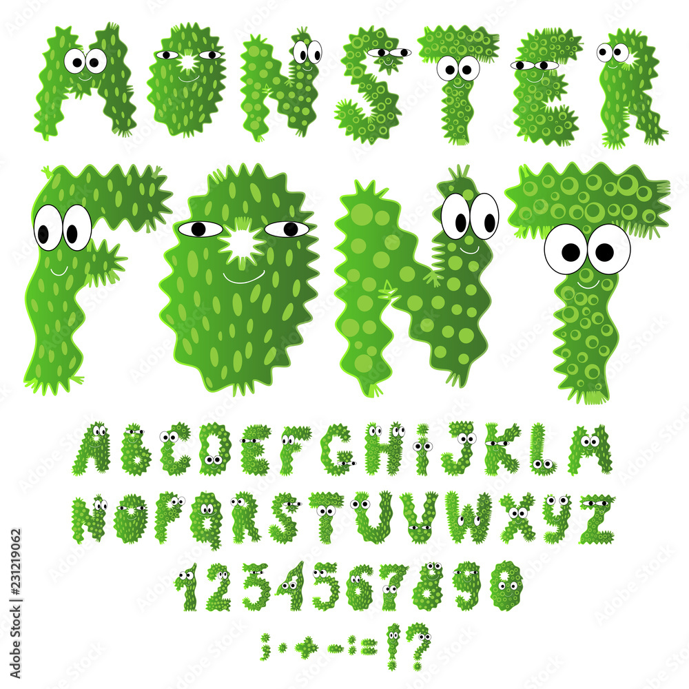Set of cute cartoon monster font. Microbes letters and numbers. Stock ...