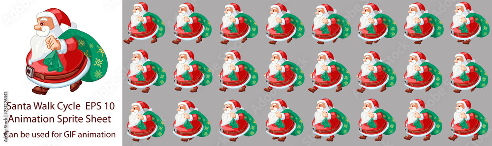 Christmas Santa walk cycle animation sprite sheet, Can be used for GIF ...