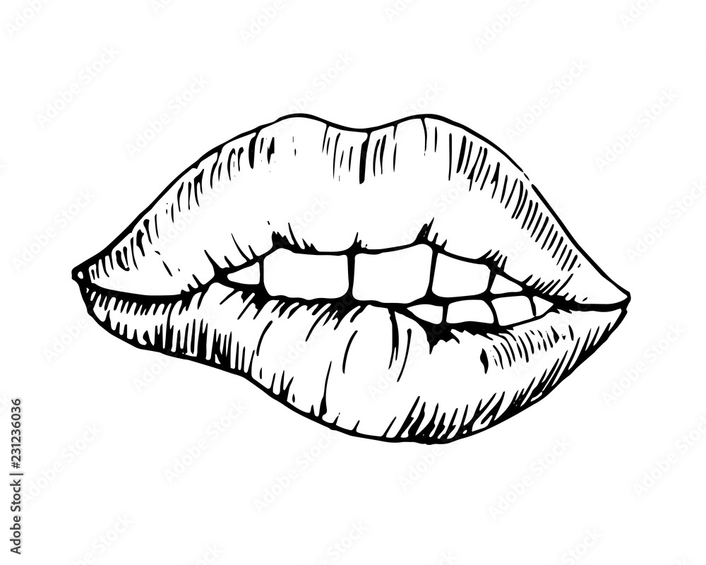 Sketch monochromatic vector drawing, bitten lip Stock Vector | Adobe Stock