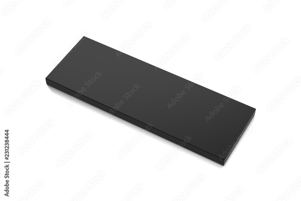 Black long horizontal thin blank box from front top side far angle. 3D ...