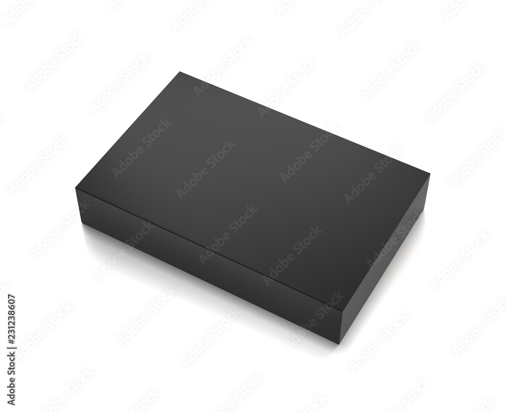 Black horizontal thin blank box from front top side far angle. 3D ...