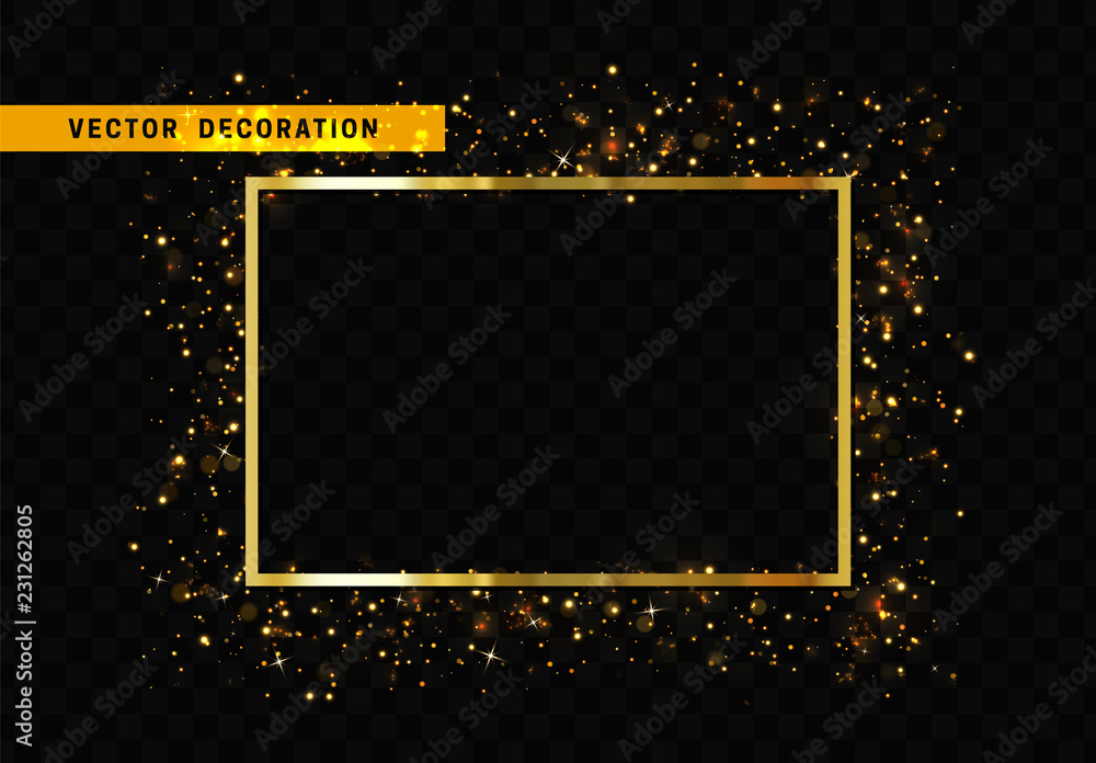 Golden rectangular frame isolated on transparent background. Glitter ...