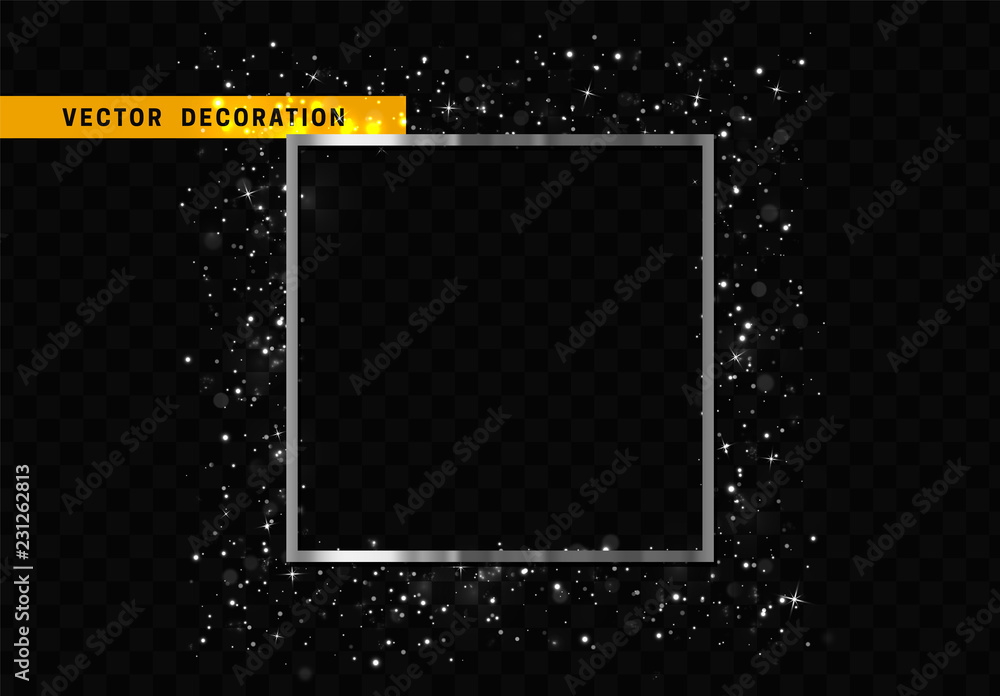Silver square frame isolated on transparent background. Glitter border ...